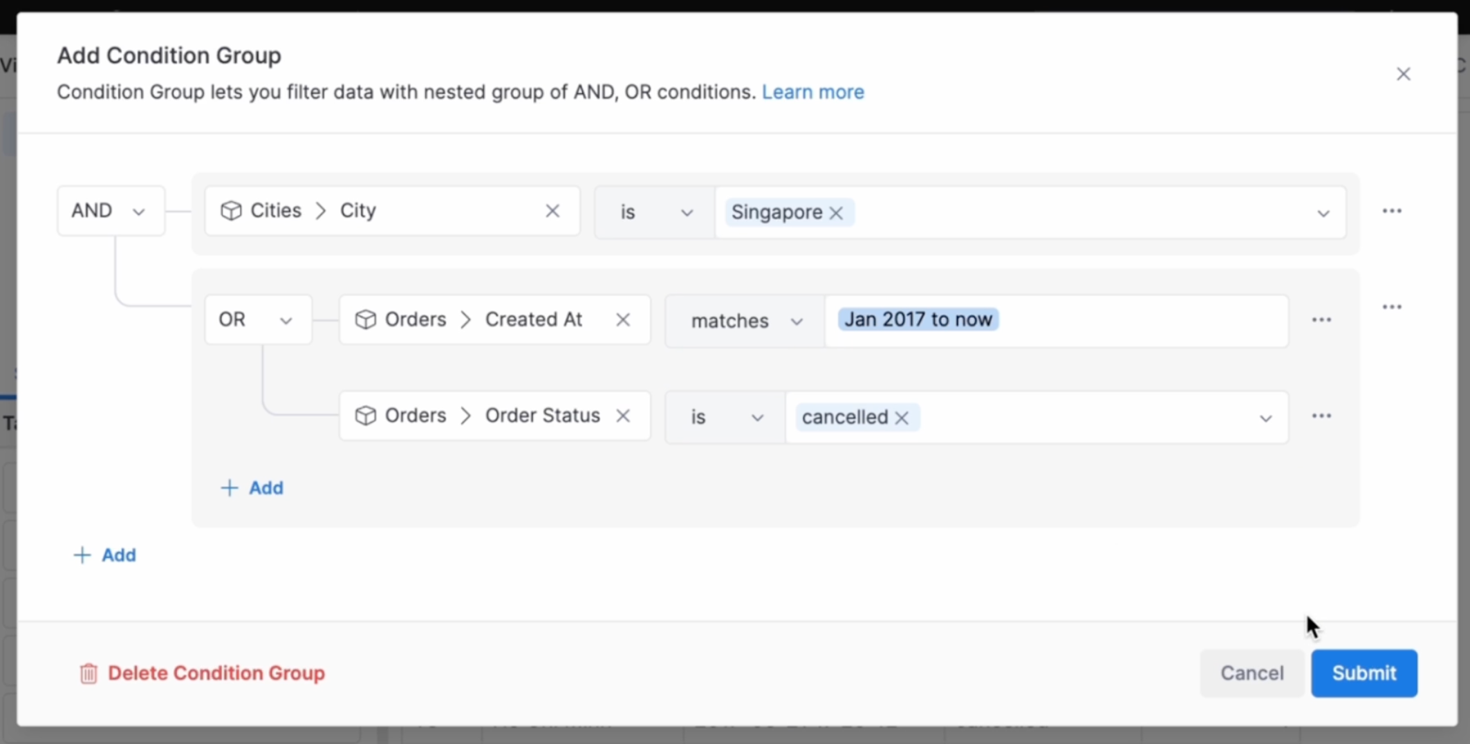 Filter with Condition Group | Holistics Docs (4.0)